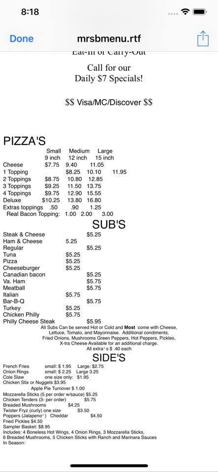 Menu at Mrs B's Pizza pizzeria, Luray