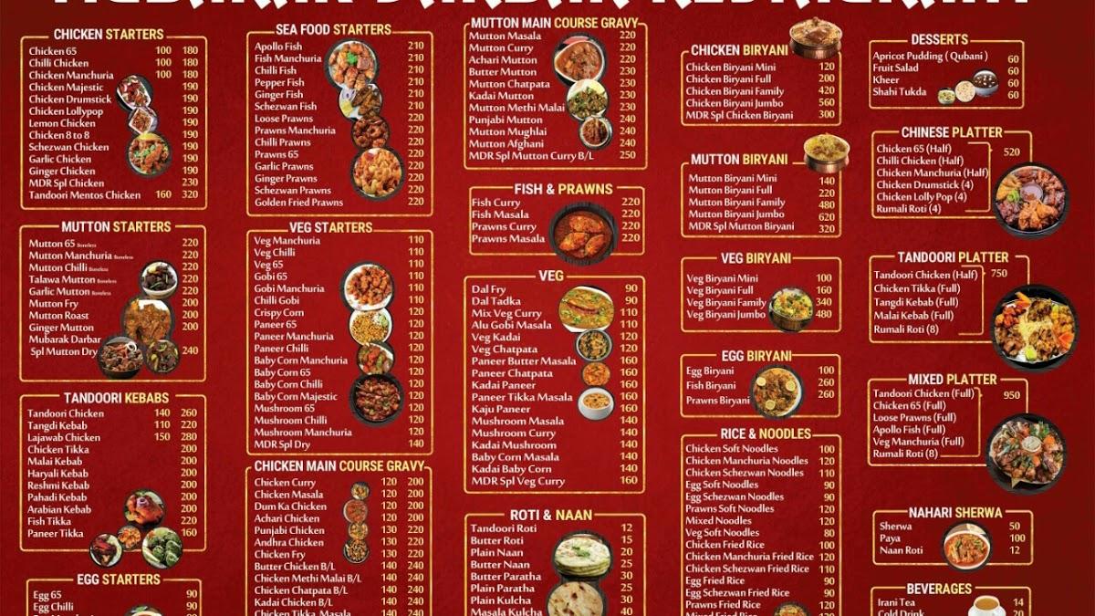 Menu at Mubarak Darbar Restaurant, Hyderabad