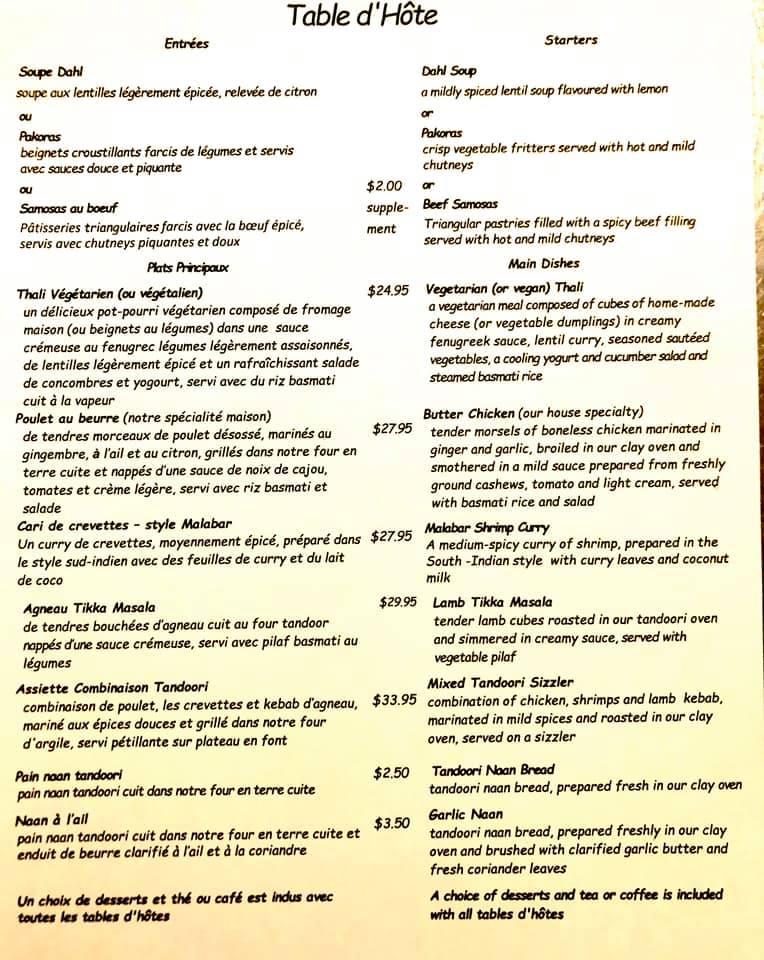 Menu at Restaurant Shalimar, Sherbrooke