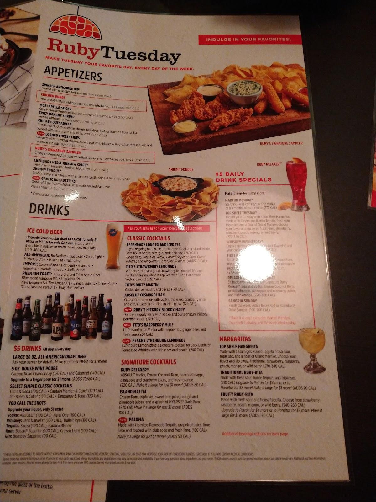 Menu at Ruby Tuesday restaurant, Clemson, 900 Tiger Blvd