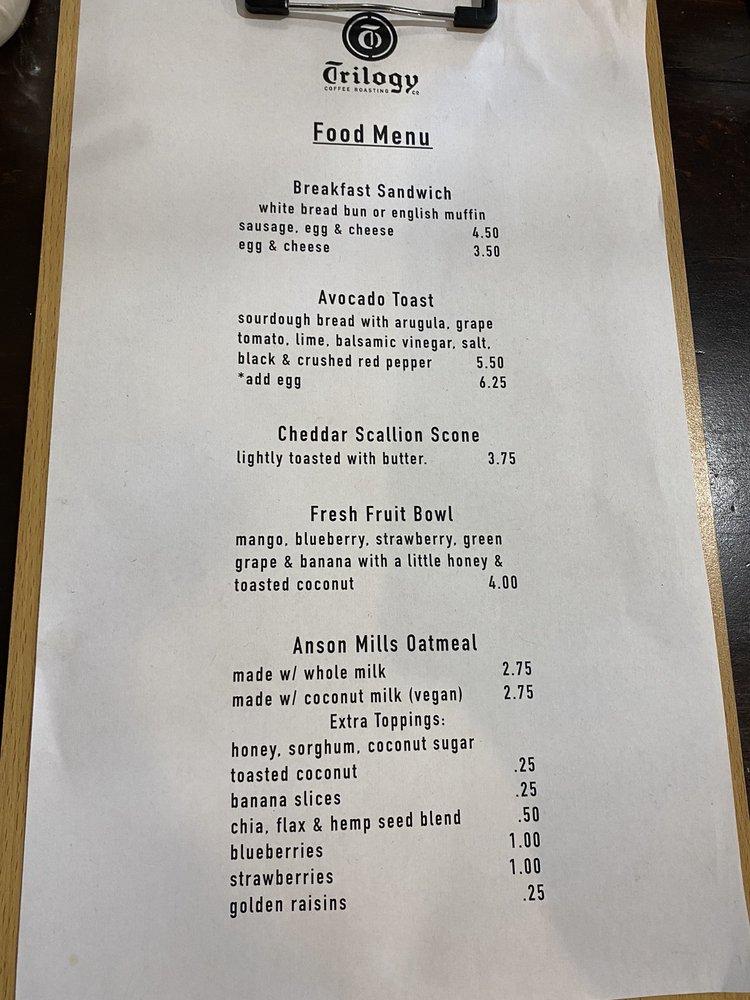 Menu at Trilogy Coffee Roasting Co cafe, DeLand