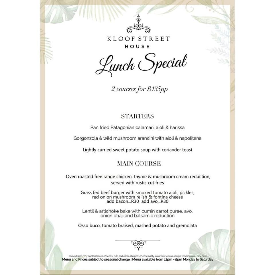 Menu at Kloof Street House restaurant, Cape Town, 30 Kloof St