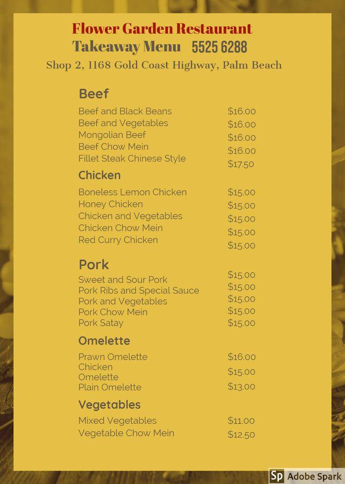 Menu at Flower Garden Chinese Restaurant, Palm Beach