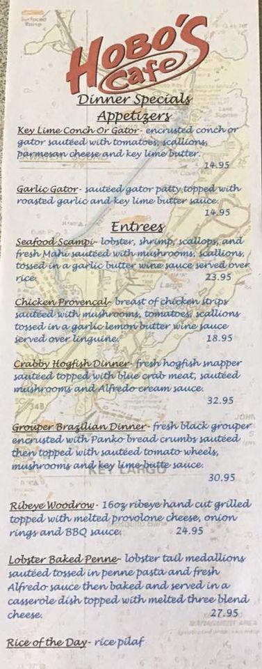 Menu at Hobo's Cafe, Key Largo, Overseas Hwy