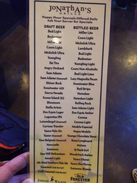 Menu at Jonathan's Grille pub & bar, Spring Hill