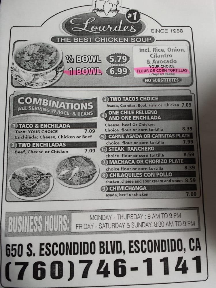 Menu at Lourdes Mexican Food restaurant, Escondido, 650 S Escondido Blvd