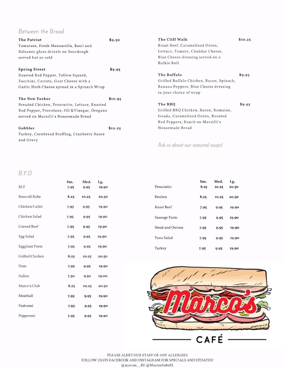 Menu at Marco's Café cafe, Newport