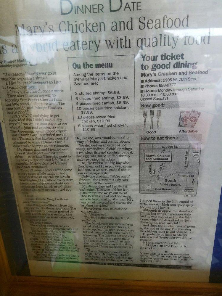 Menu at Mary's Chicken restaurant, Shreveport