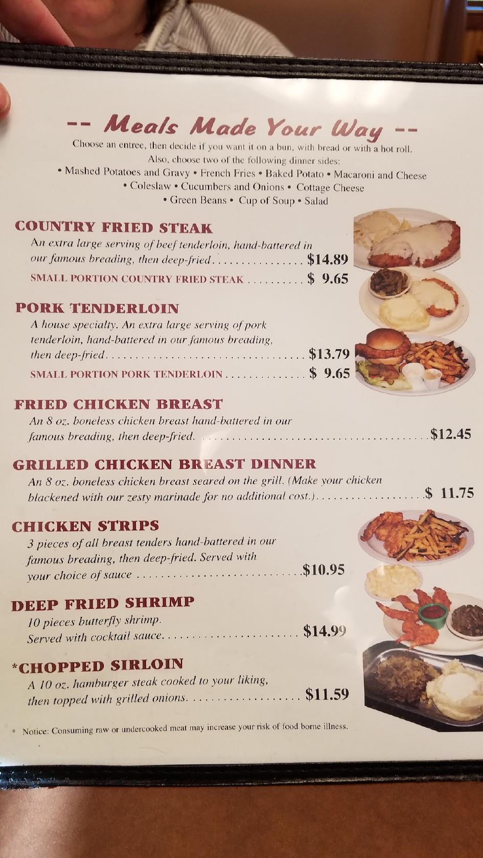 Menu at PT's restaurant, Oak Grove
