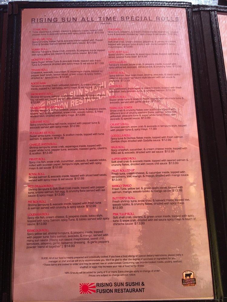 Menu at Rising Sun Sushi and Fusion Restaurant, Humble