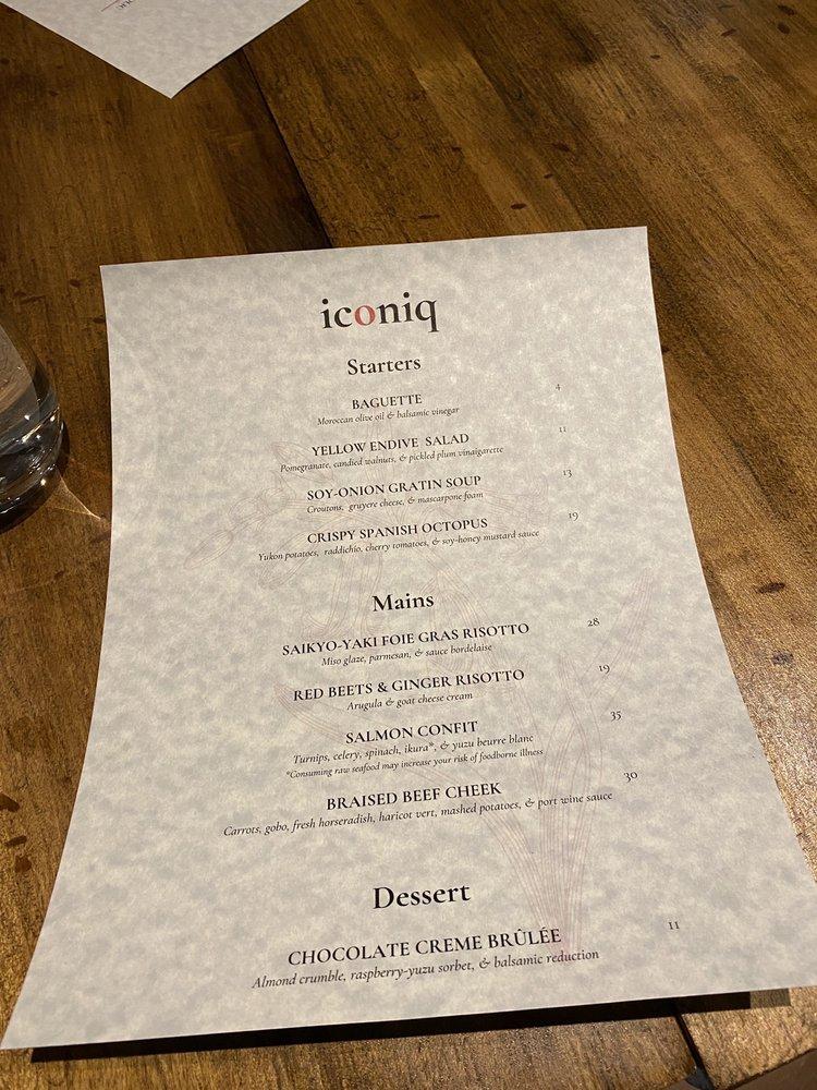 Menu at iconiq restaurant, Seattle