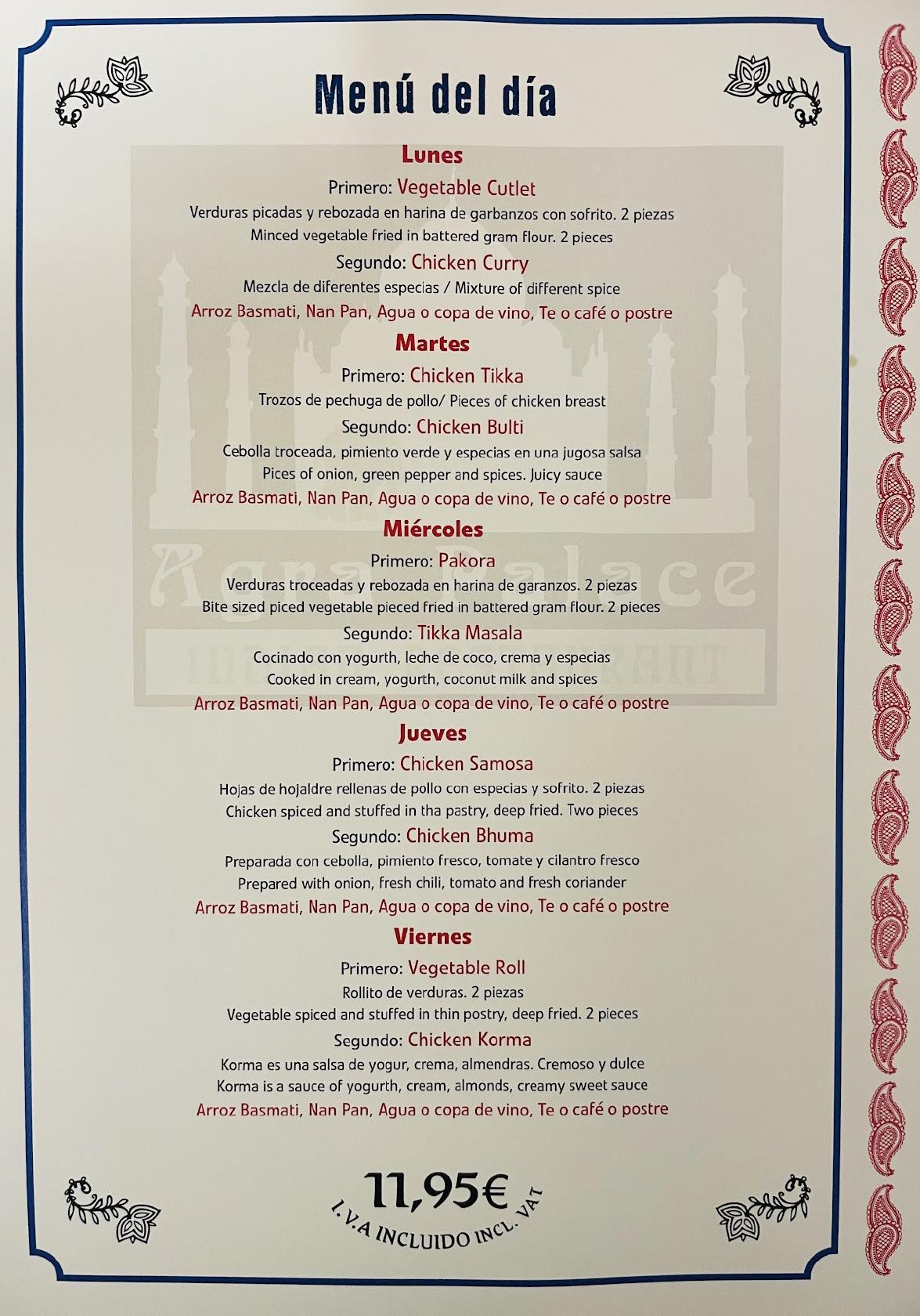 Menu at Agra Palace restaurant, Madrid, C. de Vergara