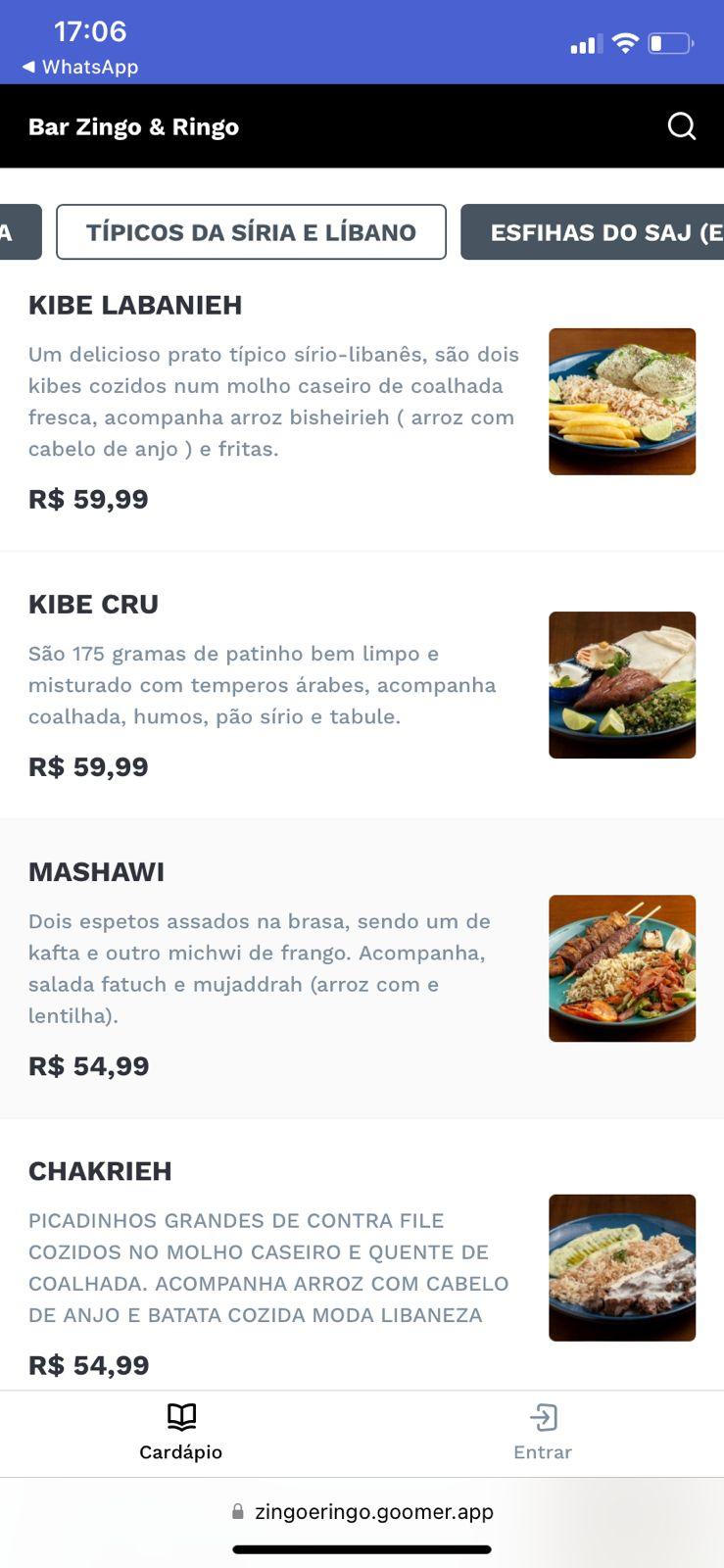 Menu em BAR ZINGO & RINGO, São Paulo