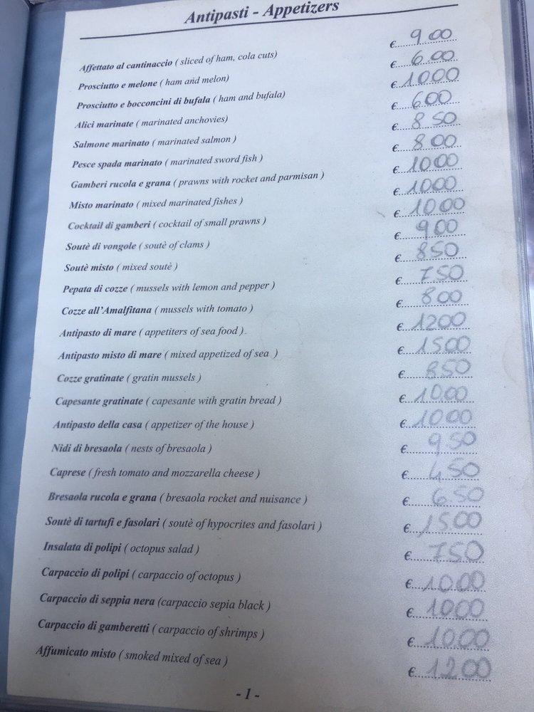 Menu at Da Memè pizzeria, Amalfi
