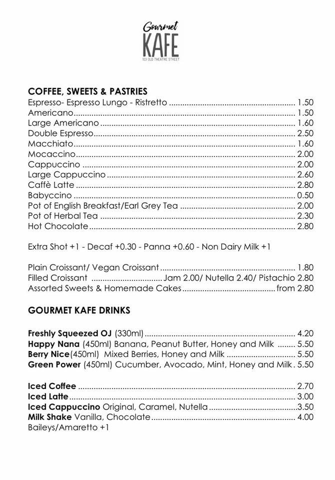 Menu at Gourmet Kafe cafe, Valletta