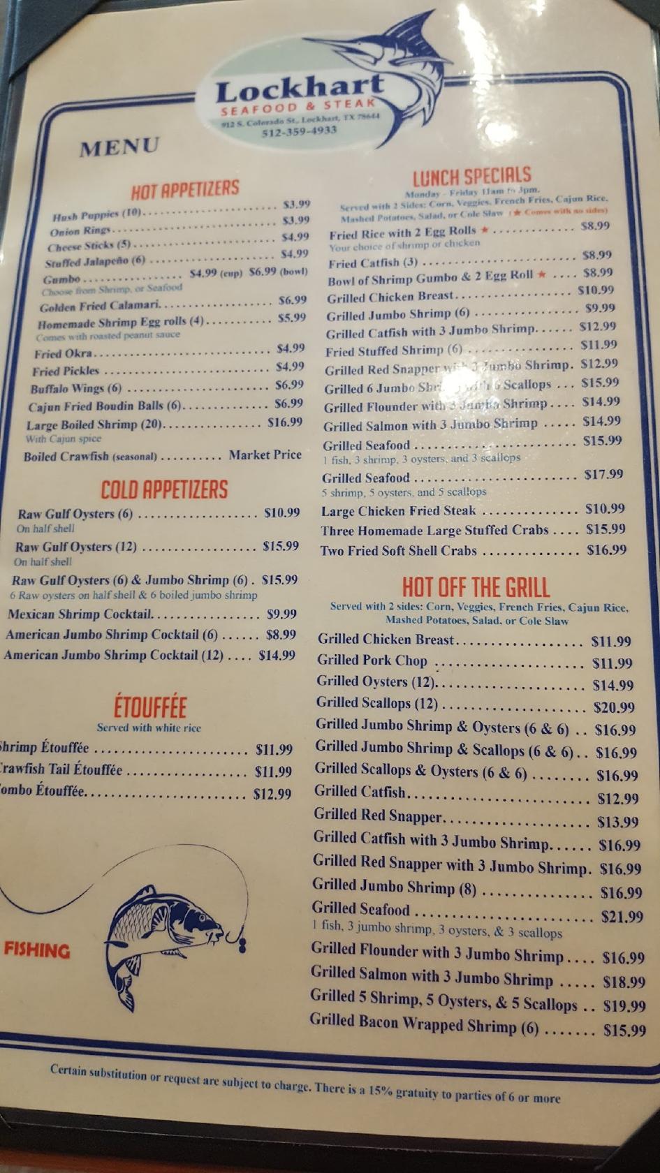 Menu at Lockhart Seafood and Steak steakhouse, Lockhart