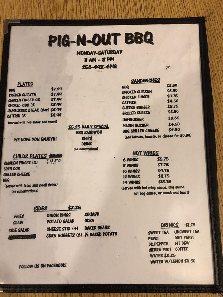 Menu at Pig-N-Out Barbeque, Hokes Bluff