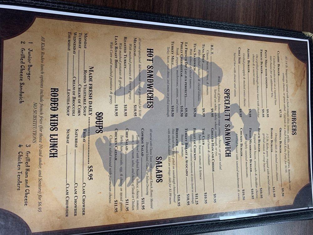 Menu at Rodeo Cafe, Rialto