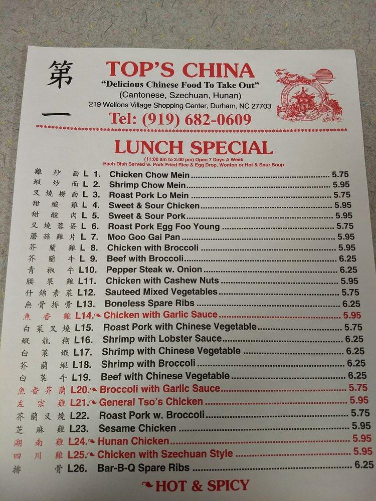 Menu at Top's China restaurant, Durham, N Miami Blvd #219