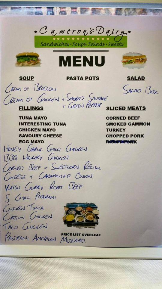 Menu at Cameron's Dairy restaurant, Dunoon