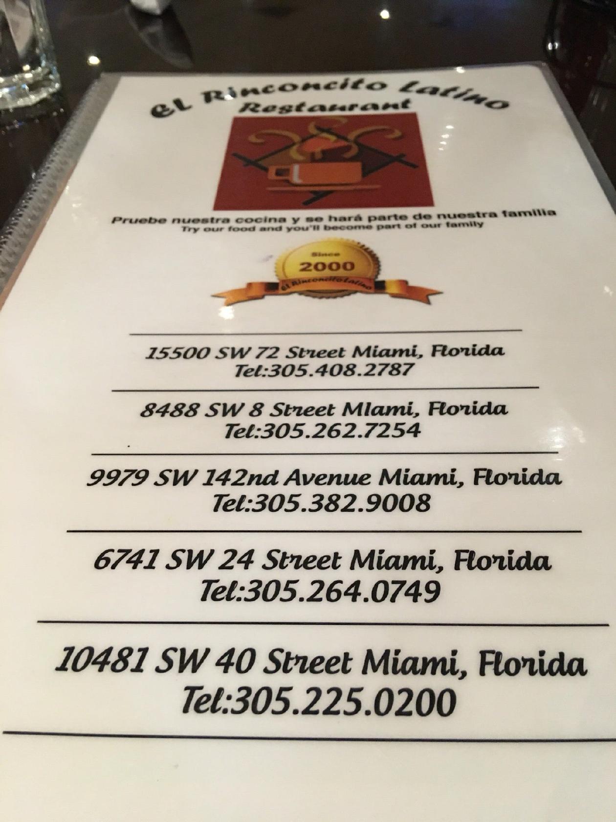 Menu at El Rinconcito Latino Sunset Drive restaurant, Kendall West, SW ...