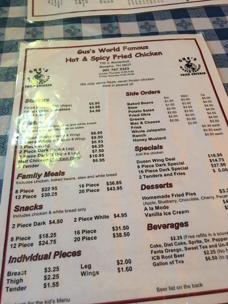 Menu at Gus's World Famous Fried Chicken restaurant, Memphis, 730 S ...
