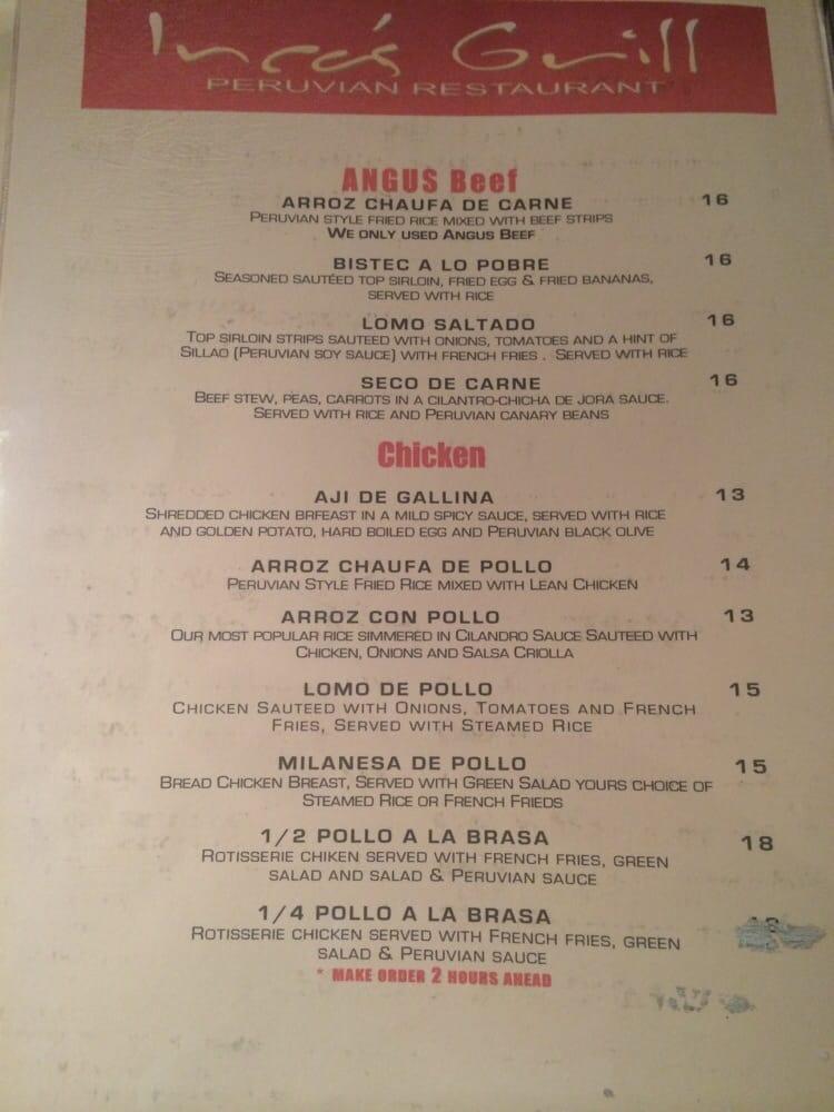 Menu at Incas Grill Peruvian Restaurant & Bar, Concord
