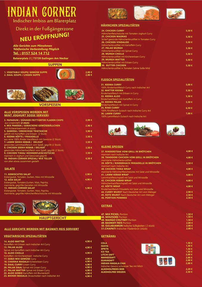 Menu at Indian Corner restaurant, Esslingen