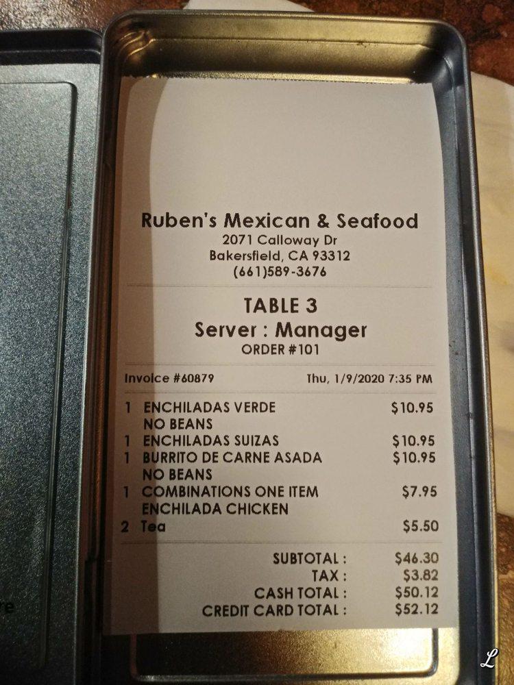 Menu at Ruben's Mexican Restaurant, Bakersfield