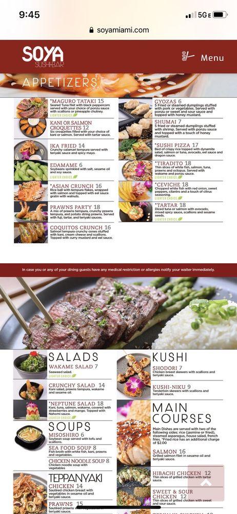 Menu at Soya Sushi Bar, Doral