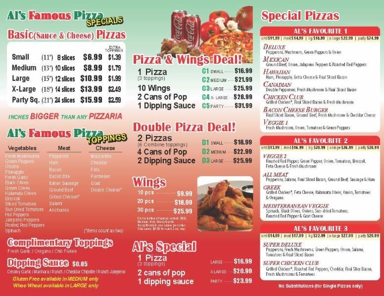 Menu at Al's Famous Pizza pizzeria, Bowmanville