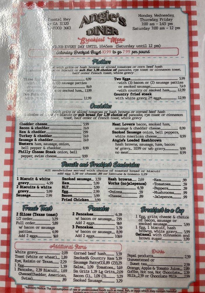 Menu at Angie's Diner restaurant, Midway
