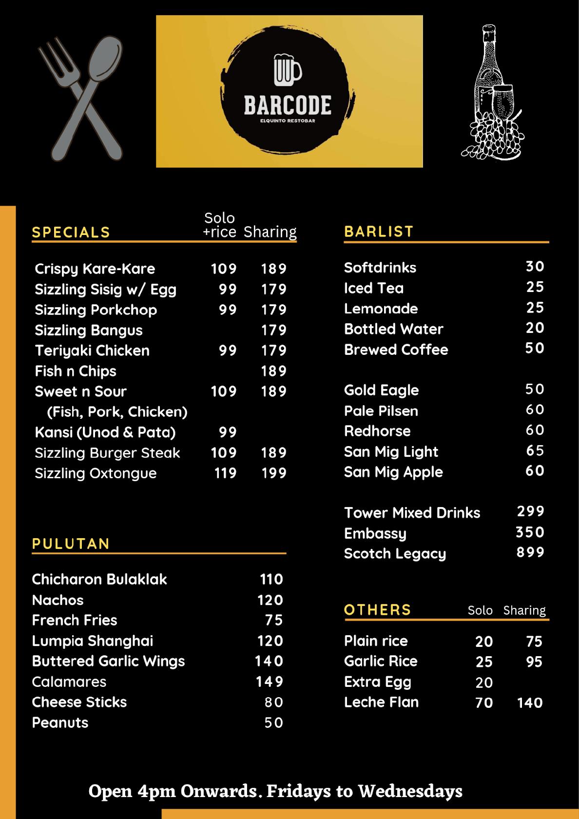 Menu at Barcode El Cinco, Sara