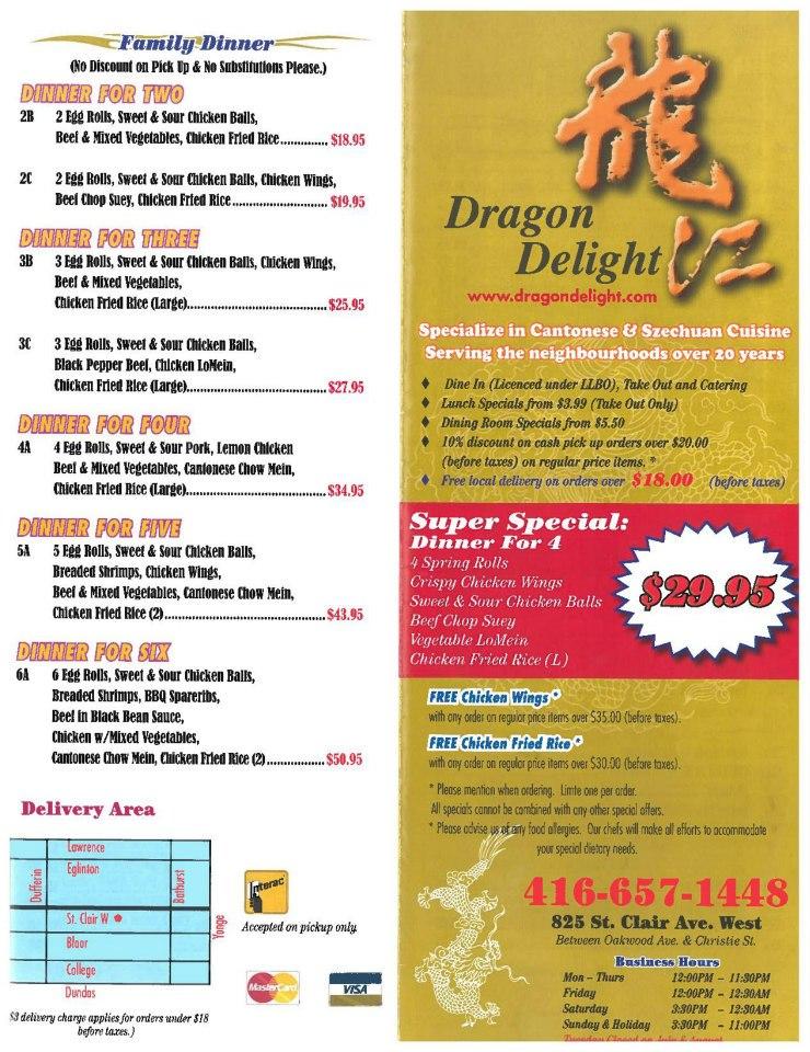 Menu at Dragon Delight restaurant, Toronto
