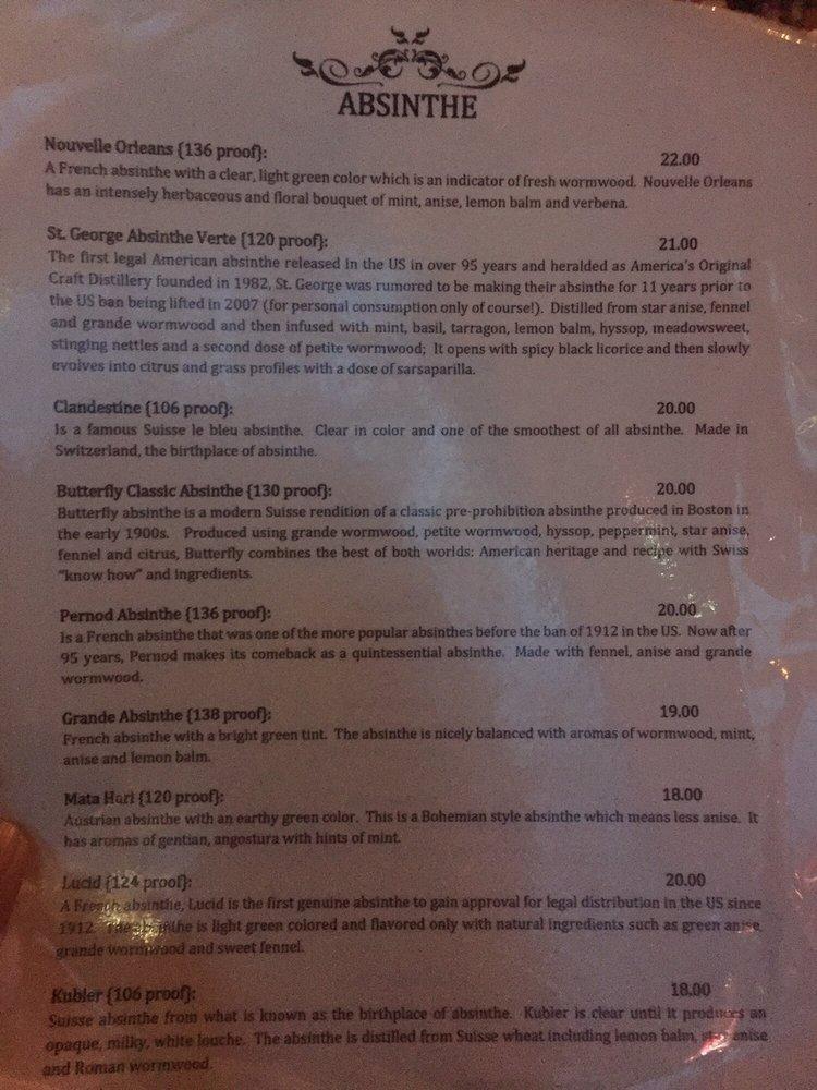 Carta del pub y bar Old Absinthe House, Nueva Orleans, 240 Bourbon St
