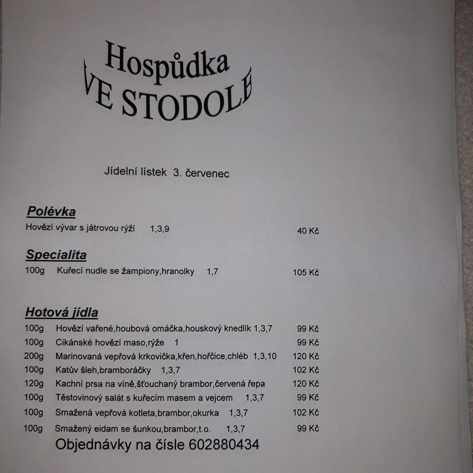 Menu at Stodola restaurant, Milevsko