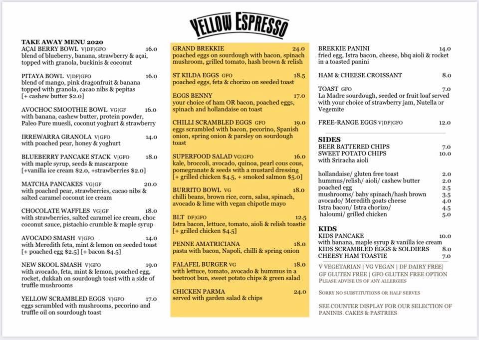 Menu at Yellow Espresso restaurant, Ballarat Central