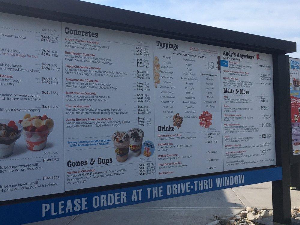 Menu at Andy's Frozen Custard desserts, Morrisville