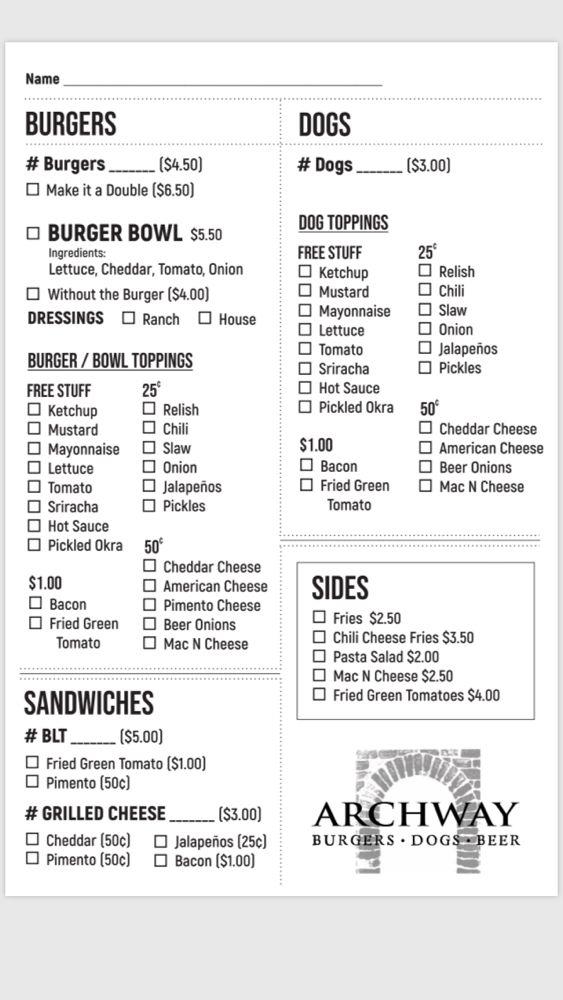 Menu at Archway Burgers, Dogs, And Beer pub & bar, Fayetteville