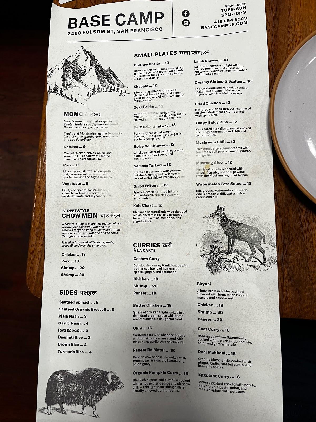 Menu at Base Camp restaurant, San Francisco