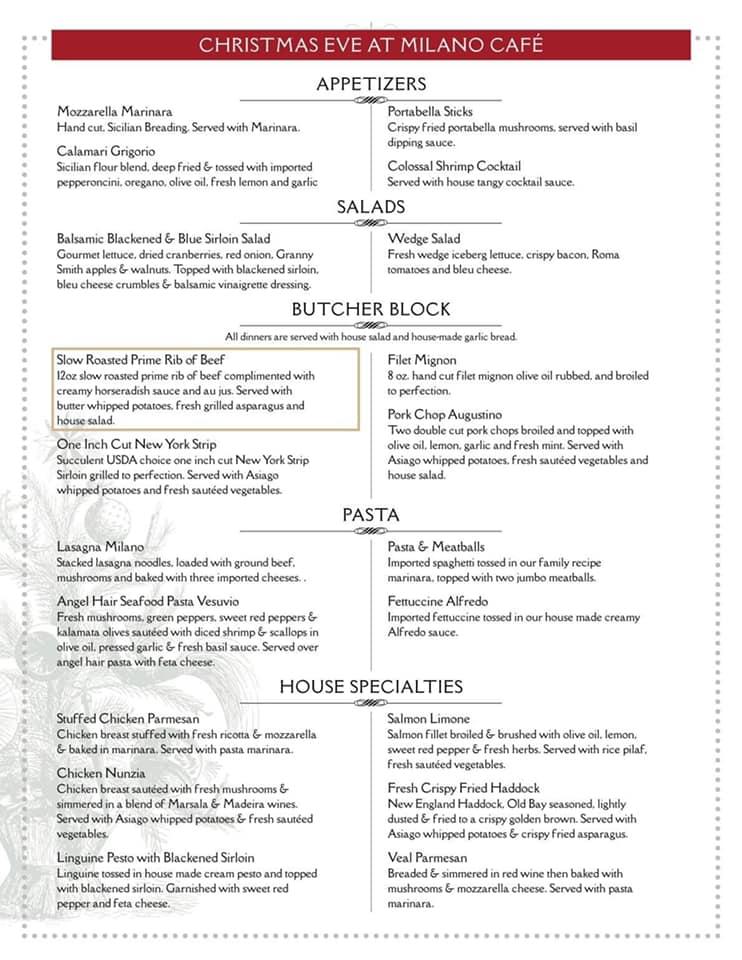 Menu at Milano Café restaurant, Lima