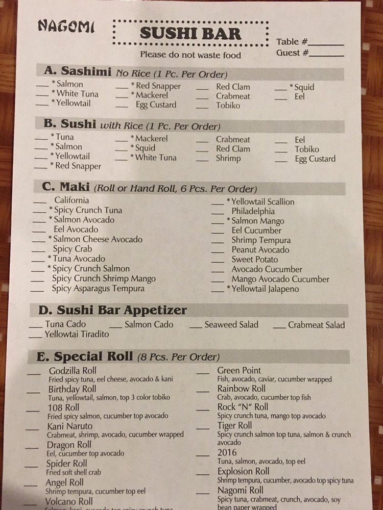 Menu at Nagomi restaurant, Glenside