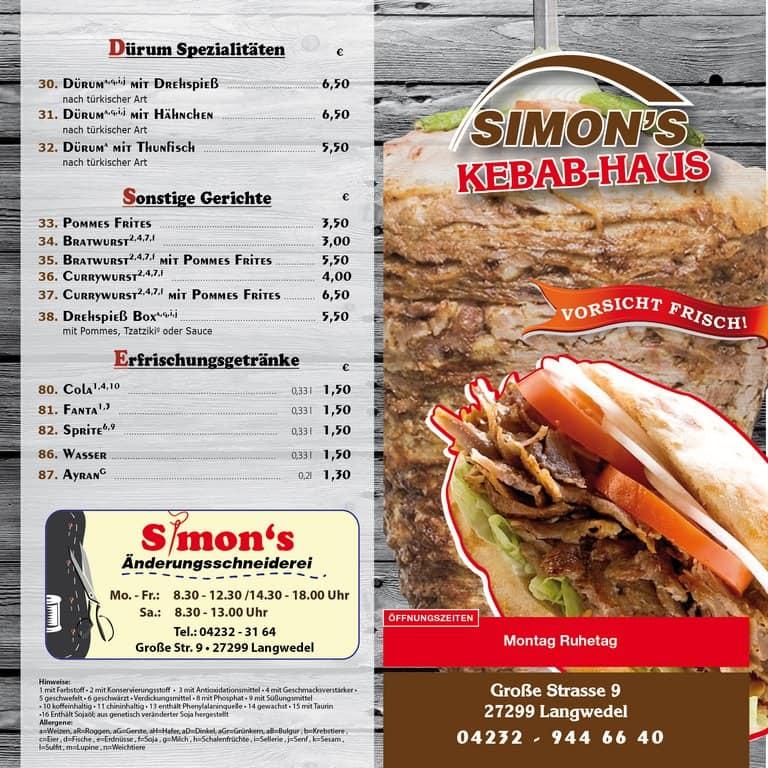 Speisekarte von Simon´s Kebabhaus restaurant, Langwedel