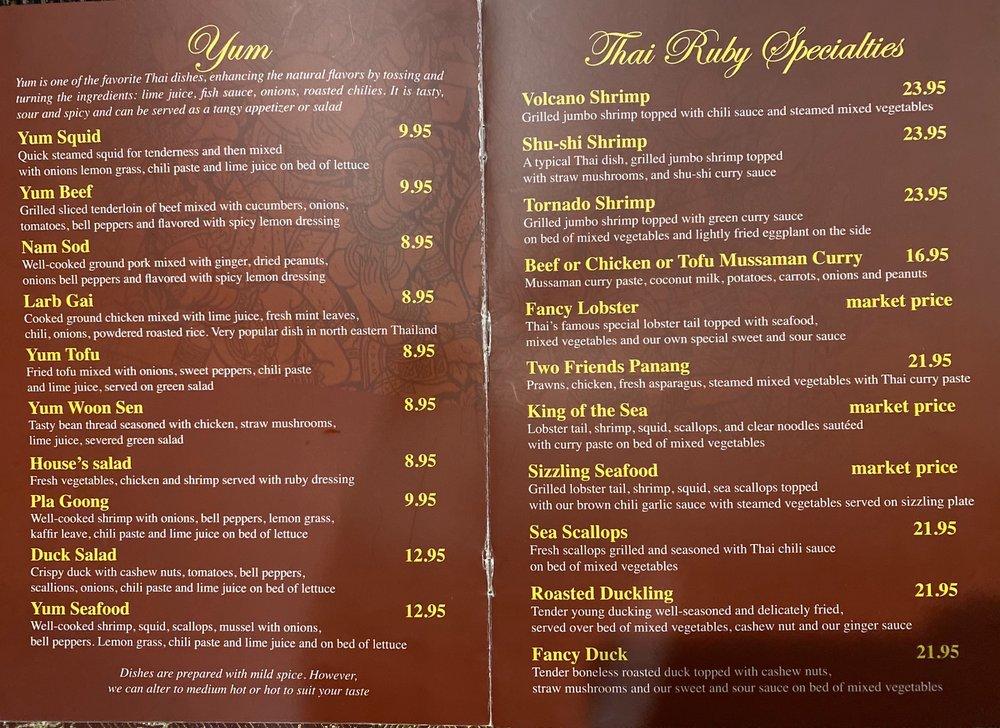 Menu at Thai Ruby restaurant, Tampa