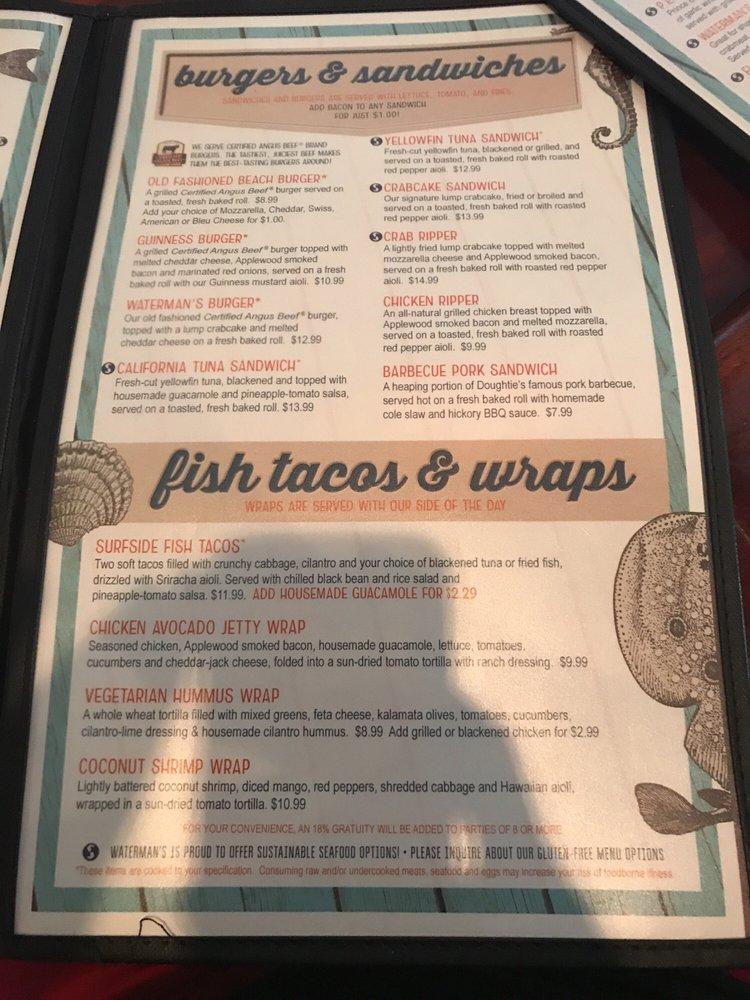 Menu at Waterman's Surfside Grille pub & bar, Virginia Beach