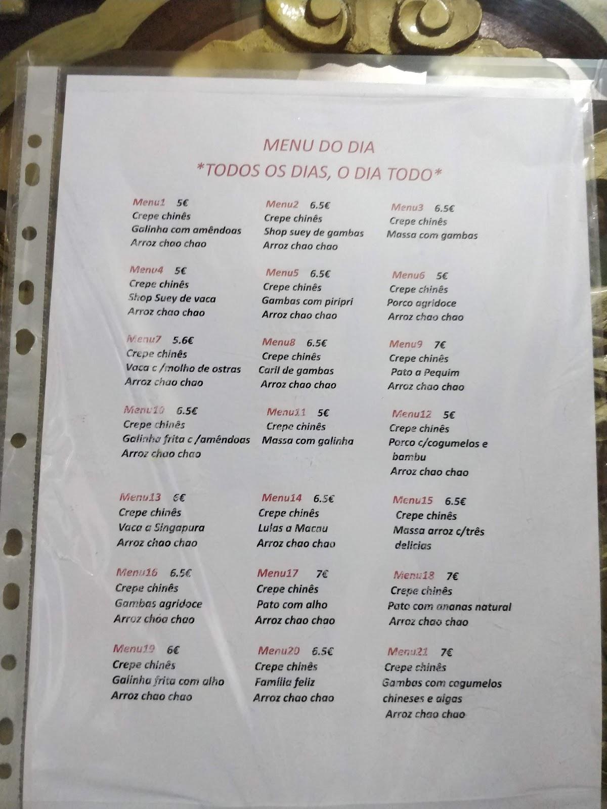Menu em Chana restaurante, Lisboa
