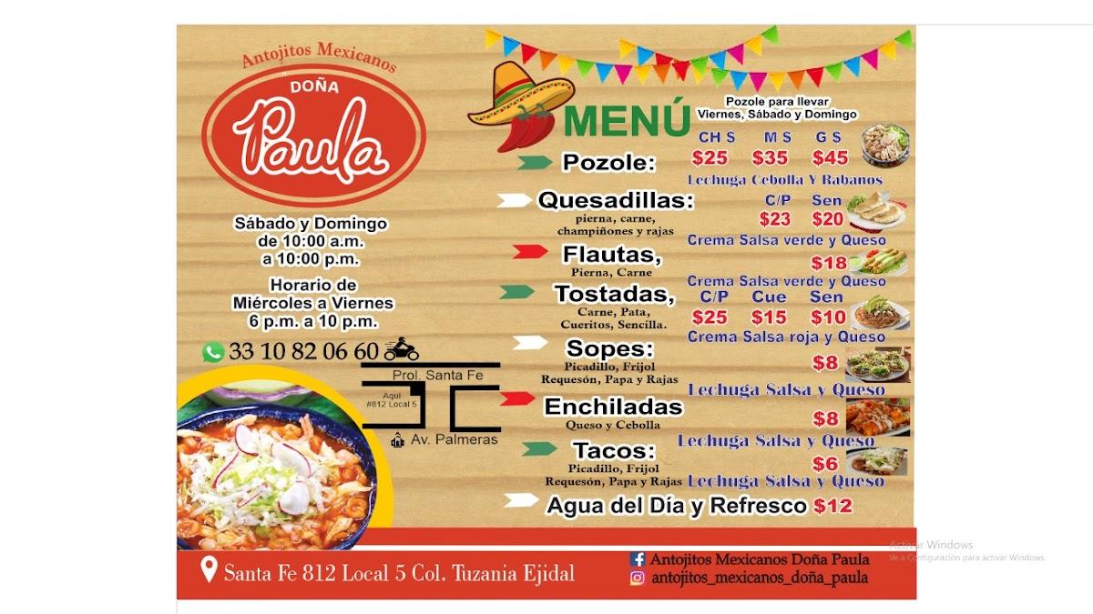 Menu at Doña Paula Antojitos Mexicanos restaurant, Zapopan