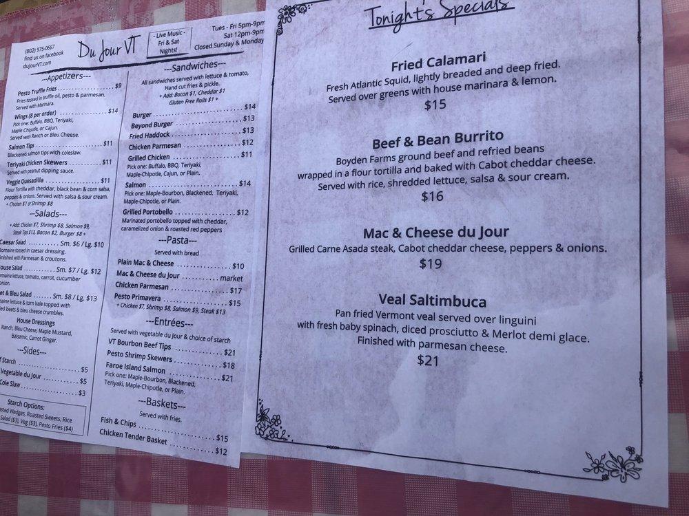 Menu at Du Jour VT restaurant, Ludlow