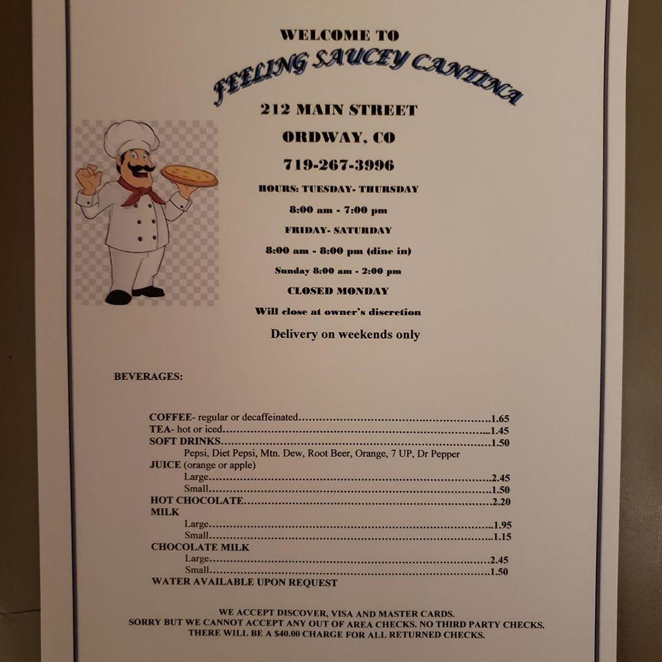 Menu at Feeling saucy pizzeria, Ordway