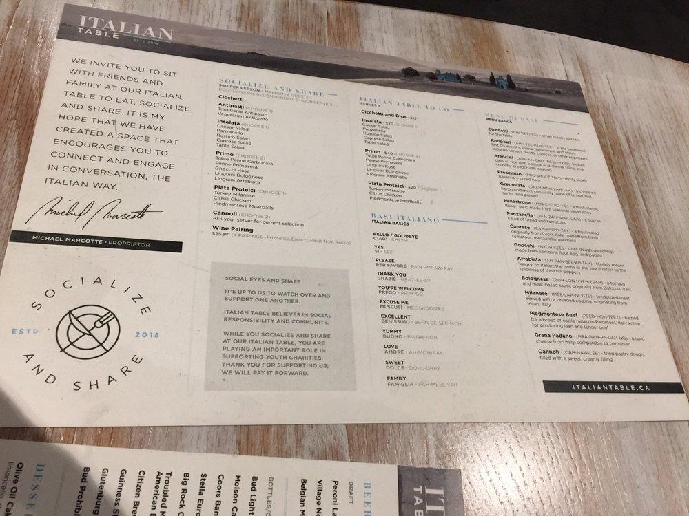 Menu at Italian Table pub & bar, Lethbridge